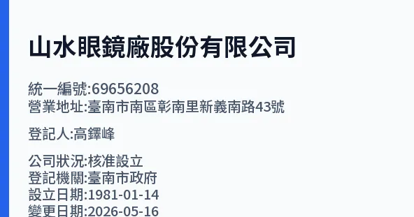 山水眼鏡廠股份有限公司的照片-統編 69656208(臺南市) 公司登記資料與營業項目詳細圖表