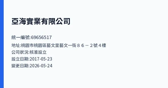亞海實業有限公司的照片-統編 69656517(桃園市) 公司登記資料與營業項目詳細圖表