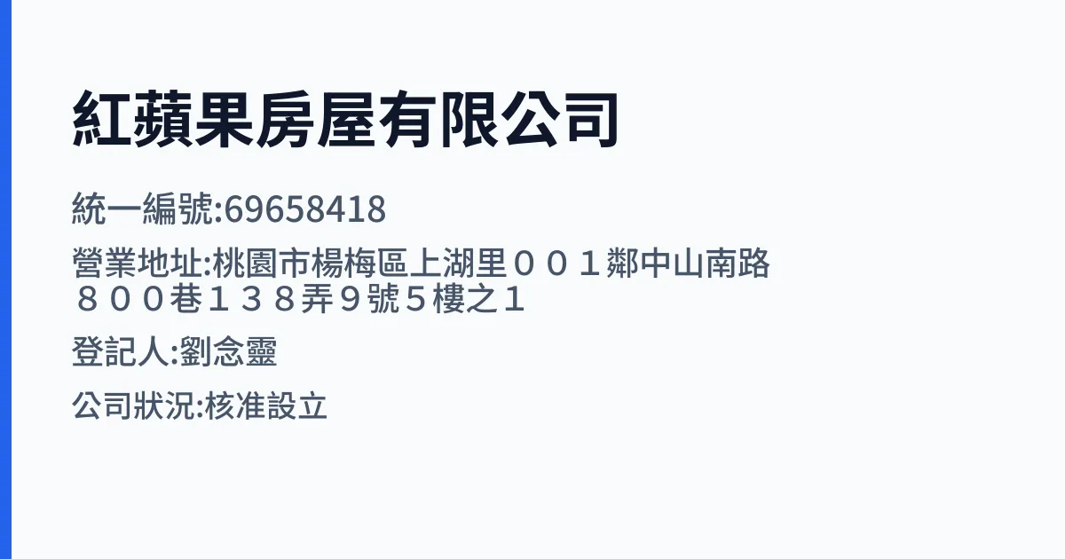 紅蘋果房屋有限公司 - 統編 69658418(桃園市) 公司登記資料與營業項目詳細圖表