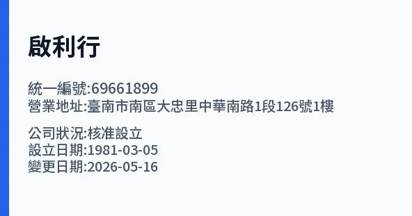 啟利行的照片-統編 69661899(臺南市) 公司登記資料與營業項目詳細圖表