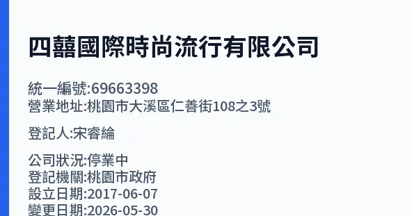 四囍國際時尚流行有限公司的照片-統編 69663398(桃園市) 公司登記資料與營業項目詳細圖表