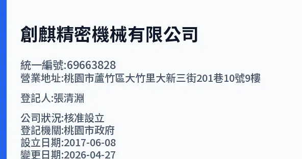創麒精密機械有限公司的照片-統編 69663828(桃園市) 公司登記資料與營業項目詳細圖表