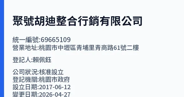 聚號胡迪整合行銷有限公司的照片-統編 69665109(桃園市) 公司登記資料與營業項目詳細圖表
