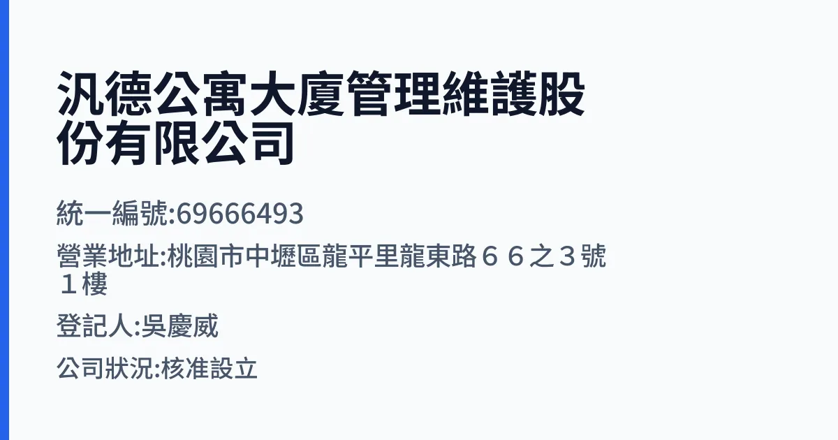 汎德公寓大廈管理維護股份有限公司 - 統編 69666493（桃園市） 公司登記資料與營業項目詳細圖表
