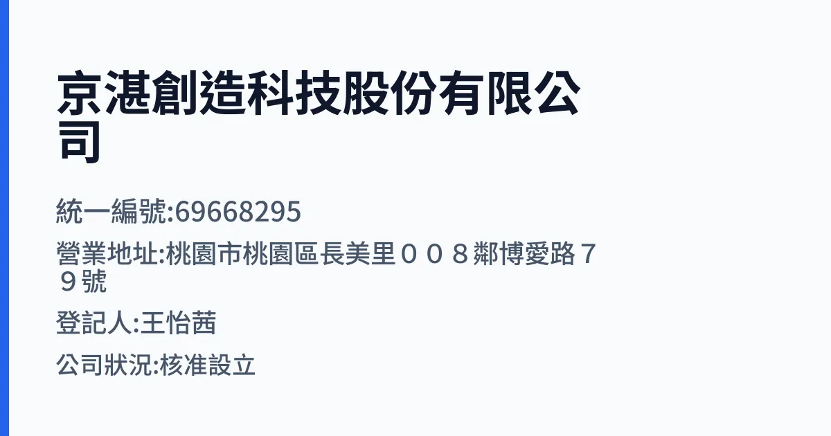 京湛創造科技股份有限公司 - 統編 69668295(桃園市) 公司登記資料與營業項目詳細圖表