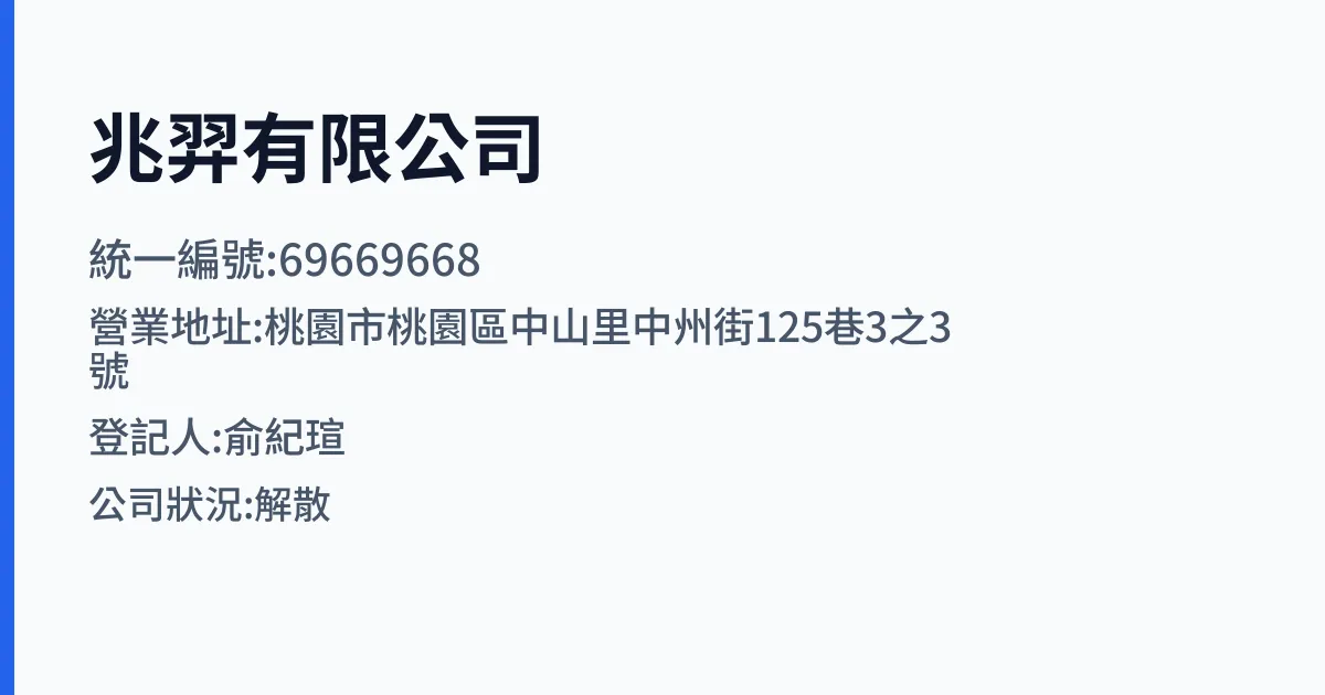 兆羿有限公司 - 統編 69669668(桃園市) 公司登記資料與營業項目詳細圖表