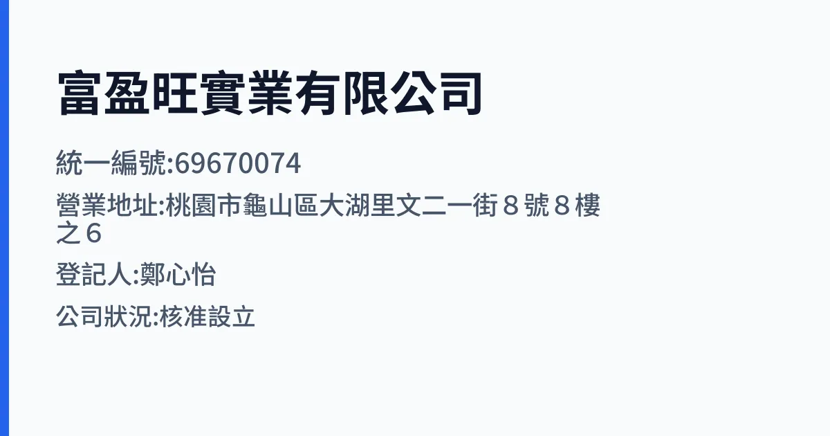富盈旺實業有限公司 - 統編 69670074(桃園市) 公司登記資料與營業項目詳細圖表
