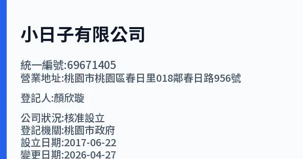 小日子有限公司的照片-統編 69671405(桃園市) 公司登記資料與營業項目詳細圖表