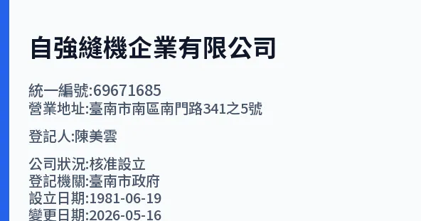 自強縫機企業有限公司的照片-統編 69671685(臺南市) 公司登記資料與營業項目詳細圖表
