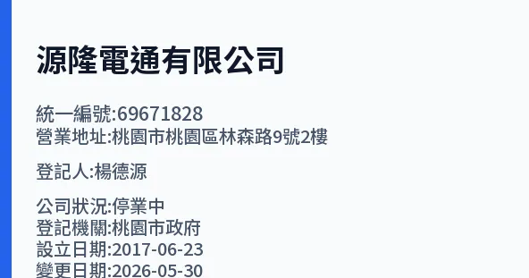源隆電通有限公司的照片-統編 69671828(桃園市) 公司登記資料與營業項目詳細圖表