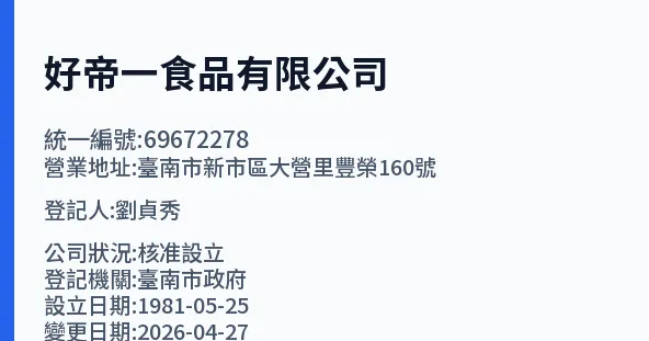 好帝一食品有限公司的照片-統編 69672278(臺南市) 公司登記資料與營業項目詳細圖表