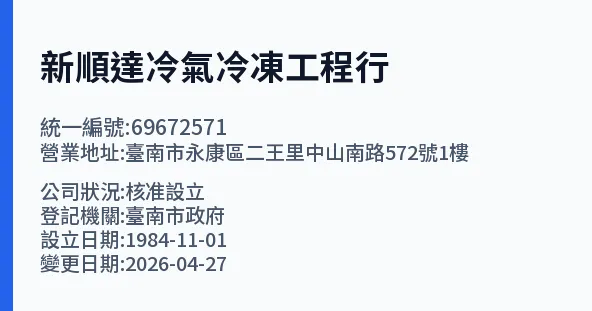 新順達冷氣冷凍工程行的照片-統編 69672571(臺南市) 公司登記資料與營業項目詳細圖表