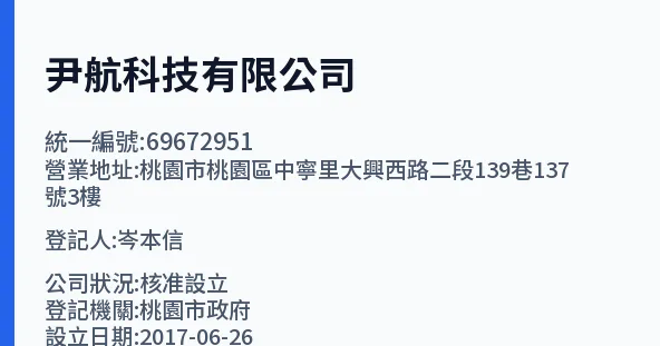尹航科技有限公司的照片-統編 69672951(桃園市) 公司登記資料與營業項目詳細圖表