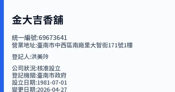 金大吉香舖的照片-統編 69673641(臺南市) 公司登記資料與營業項目詳細圖表