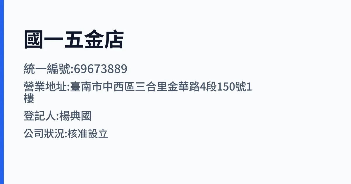 國一五金店 - 統編 69673889(臺南市) 公司登記資料與營業項目詳細圖表