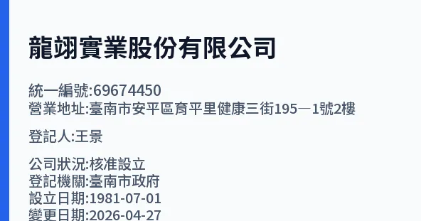 龍翊實業股份有限公司的照片-統編 69674450(臺南市) 公司登記資料與營業項目詳細圖表