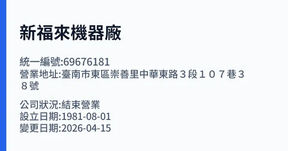 新福來機器廠的照片-統編 69676181(臺南市) 公司登記資料與營業項目詳細圖表