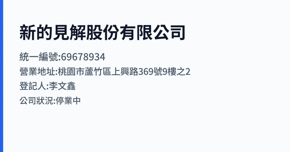 新的見解股份有限公司 - 統編 69678934(桃園市) 公司登記資料與營業項目詳細圖表