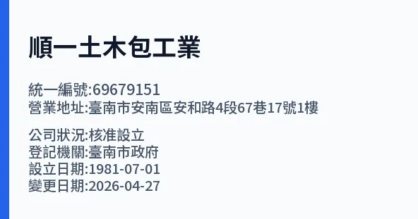 順一土木包工業的照片-統編 69679151(臺南市) 公司登記資料與營業項目詳細圖表