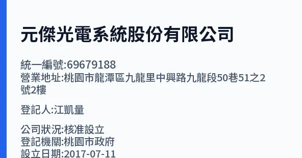 元傑光電系統股份有限公司的照片-統編 69679188(桃園市) 公司登記資料與營業項目詳細圖表
