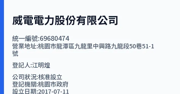 威電電力股份有限公司的照片-統編 69680474(桃園市) 公司登記資料與營業項目詳細圖表