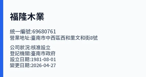 福隆木業的照片-統編 69680761(臺南市) 公司登記資料與營業項目詳細圖表