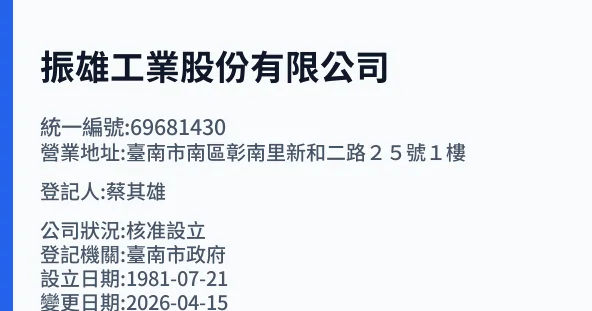 振雄工業股份有限公司的照片-統編 69681430(臺南市) 公司登記資料與營業項目詳細圖表