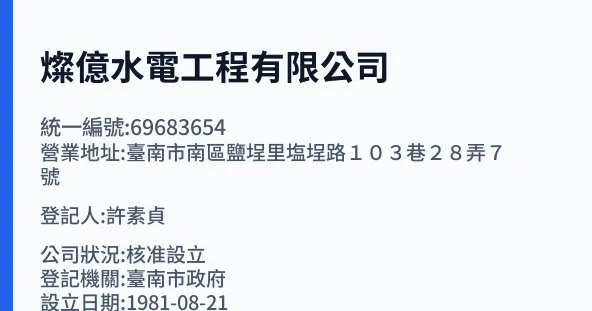 燦億水電工程有限公司的照片-統編 69683654(臺南市) 公司登記資料與營業項目詳細圖表