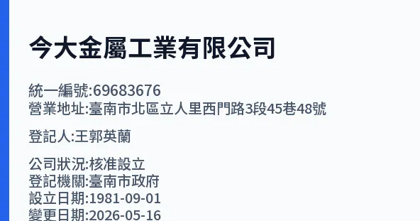 今大金屬工業有限公司的照片-統編 69683676(臺南市) 公司登記資料與營業項目詳細圖表