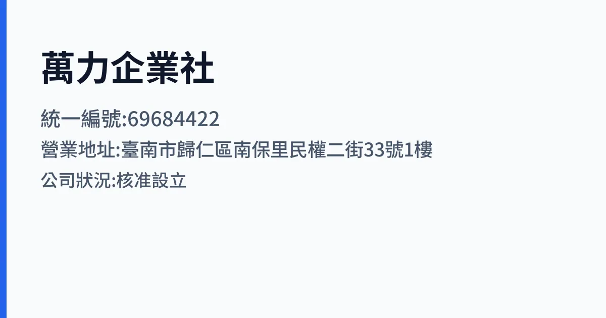 萬力企業社 - 統編 69684422(臺南市) 公司登記資料與營業項目詳細圖表