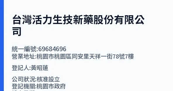 台灣活力生技新藥股份有限公司的照片-統編 69684696(桃園市) 公司登記資料與營業項目詳細圖表