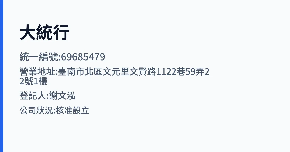 大統行 - 統編 69685479(臺南市) 公司登記資料與營業項目詳細圖表