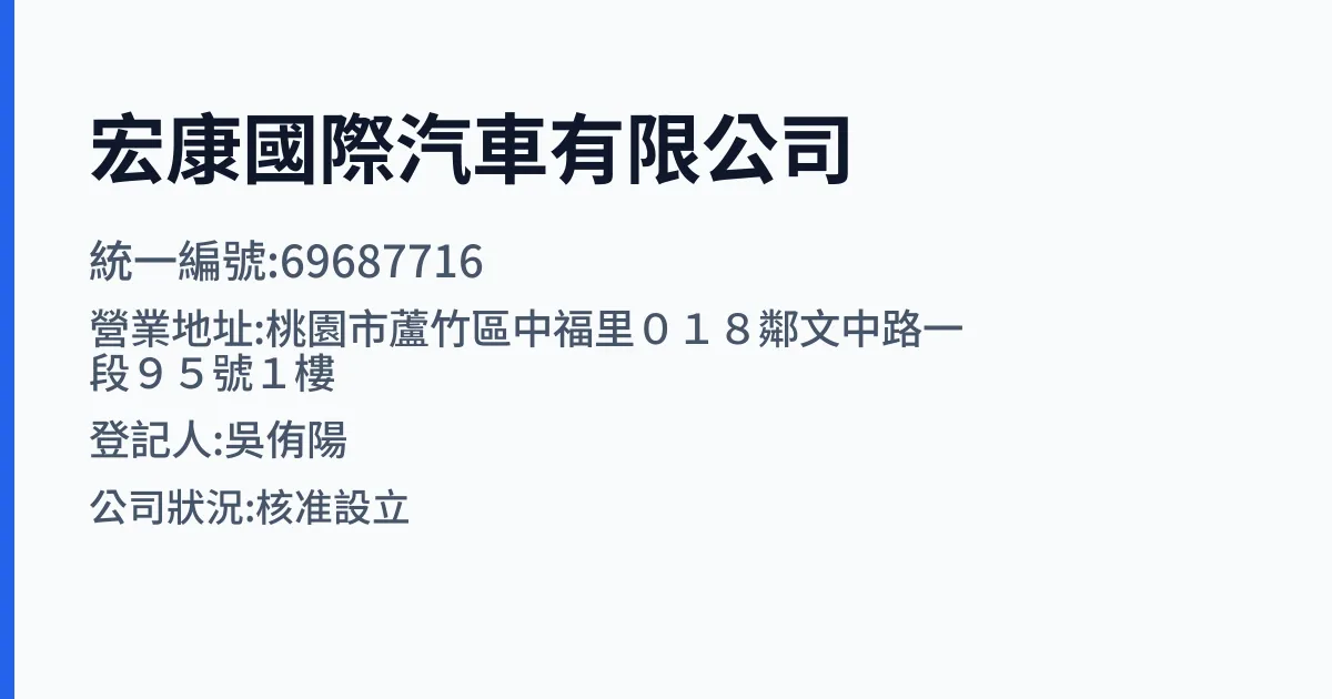 宏康國際汽車有限公司 - 統編 69687716(桃園市) 公司登記資料與營業項目詳細圖表