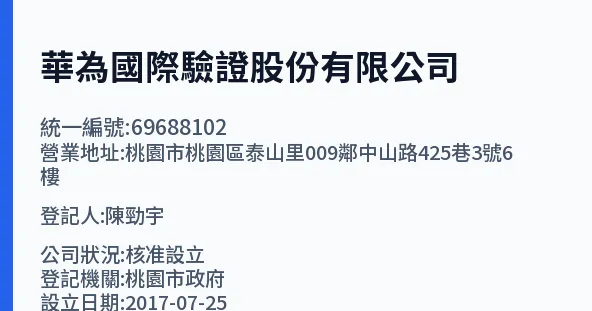華為國際驗證股份有限公司的照片-統編 69688102(桃園市) 公司登記資料與營業項目詳細圖表