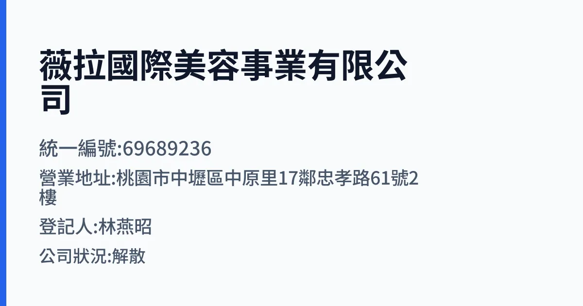 薇拉國際美容事業有限公司 - 統編 69689236(桃園市) 公司登記資料與營業項目詳細圖表