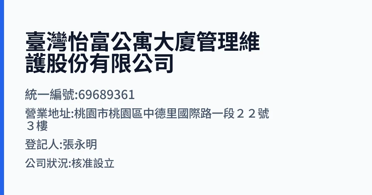 臺灣怡富公寓大廈管理維護股份有限公司 - 統編 69689361(桃園市) 公司登記資料與營業項目詳細圖表