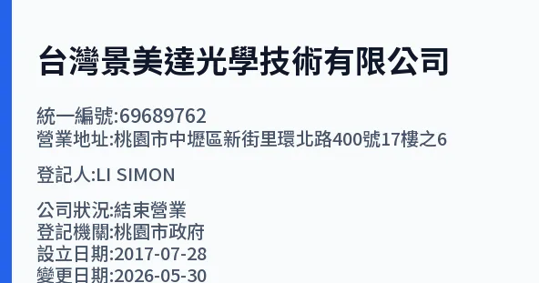 台灣景美達光學技術有限公司的照片-統編 69689762(桃園市) 公司登記資料與營業項目詳細圖表
