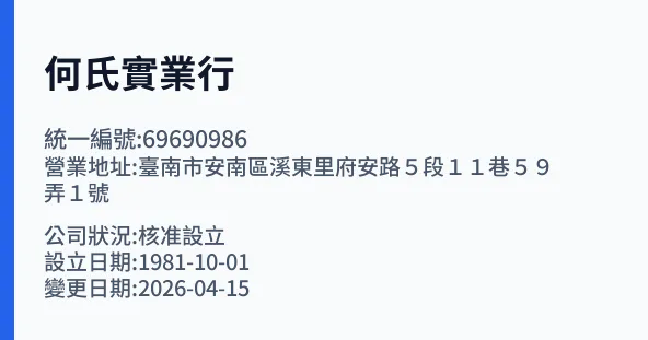 何氏實業行的照片-統編 69690986(臺南市) 公司登記資料與營業項目詳細圖表