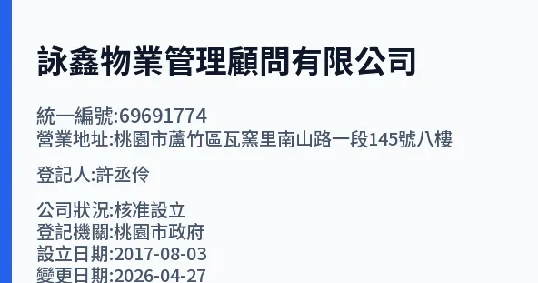 詠鑫物業管理顧問有限公司的照片-統編 69691774(桃園市) 公司登記資料與營業項目詳細圖表