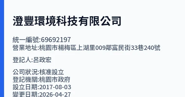 澄豐環境科技有限公司的照片-統編 69692197(桃園市) 公司登記資料與營業項目詳細圖表
