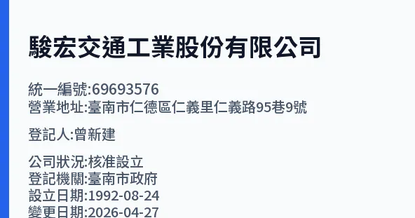 駿宏交通工業股份有限公司的照片-統編 69693576(臺南市) 公司登記資料與營業項目詳細圖表