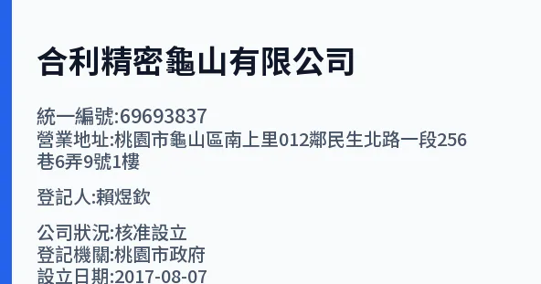 合利精密龜山有限公司的照片-統編 69693837(桃園市) 公司登記資料與營業項目詳細圖表