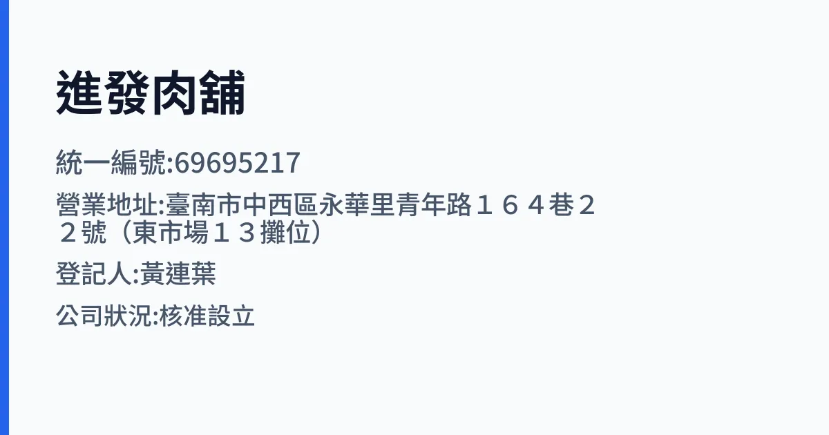 進發肉舖 - 統編 69695217(臺南市) 公司登記資料與營業項目詳細圖表