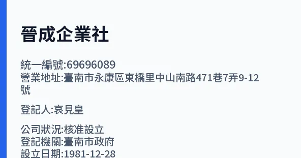 晉成企業社的照片-統編 69696089(臺南市) 公司登記資料與營業項目詳細圖表