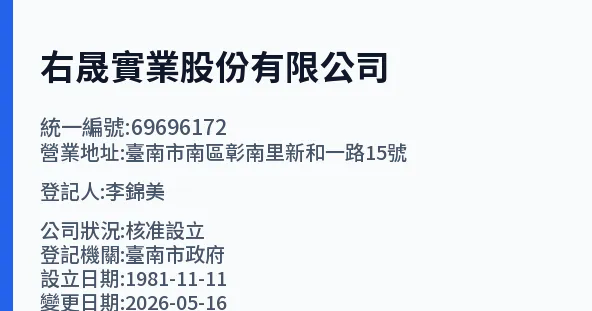 右晟實業股份有限公司的照片-統編 69696172(臺南市) 公司登記資料與營業項目詳細圖表