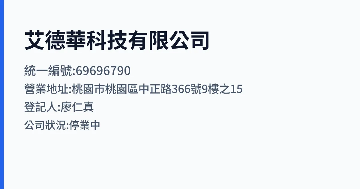 艾德華科技有限公司 - 統編 69696790(桃園市) 公司登記資料與營業項目詳細圖表
