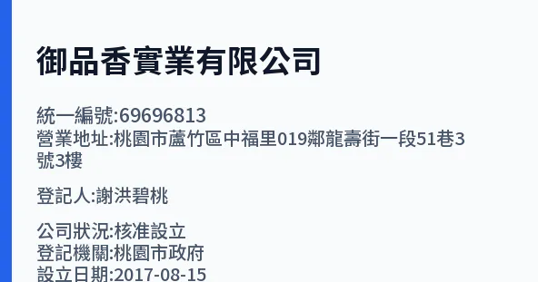 御品香實業有限公司的照片-統編 69696813(桃園市) 公司登記資料與營業項目詳細圖表