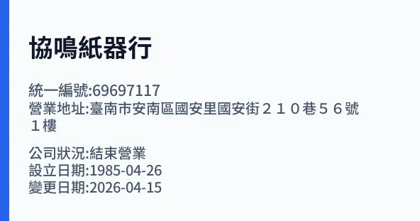 協鳴紙器行的照片-統編 69697117(臺南市) 公司登記資料與營業項目詳細圖表