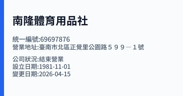 南隆體育用品社的照片-統編 69697876(臺南市) 公司登記資料與營業項目詳細圖表