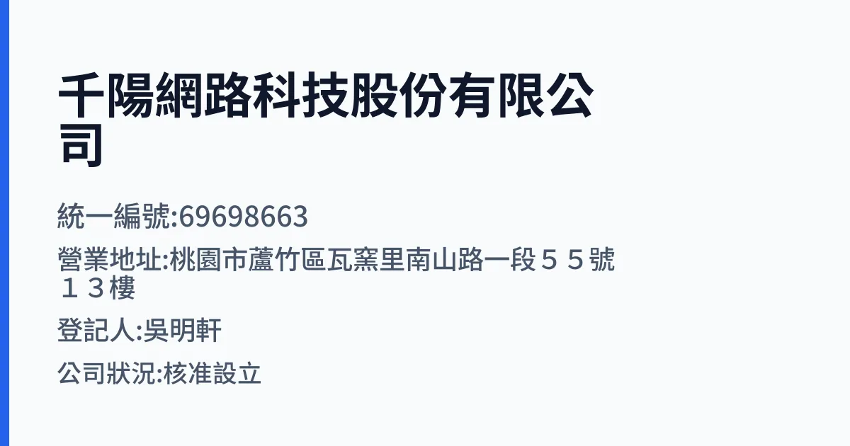 千陽網路科技股份有限公司 - 統編 69698663(桃園市) 公司登記資料與營業項目詳細圖表